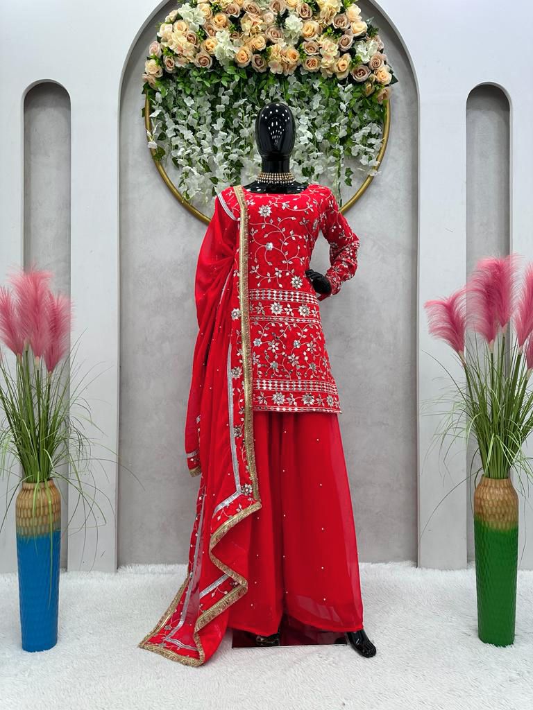 Amazing Red Embroidery Sequence Work Sharara Suit – vastracloth