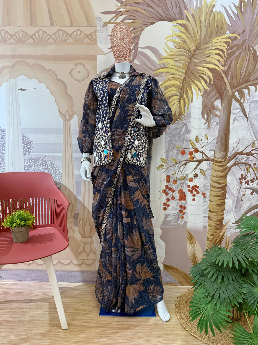 Ready To Wear Navy Blue Color Printed Saree With Koti – vastracloth