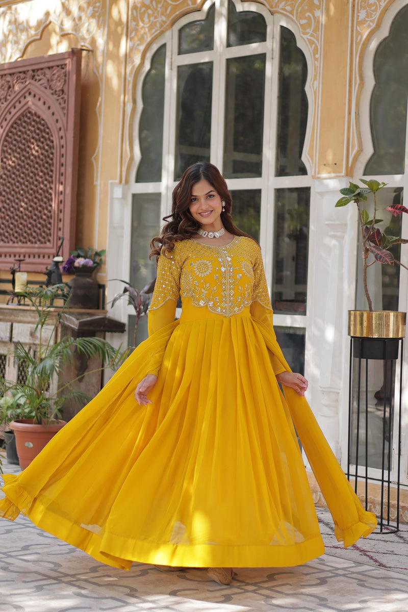 Stunning Georgette Embroidered Work Yellow Color Gown – vastracloth