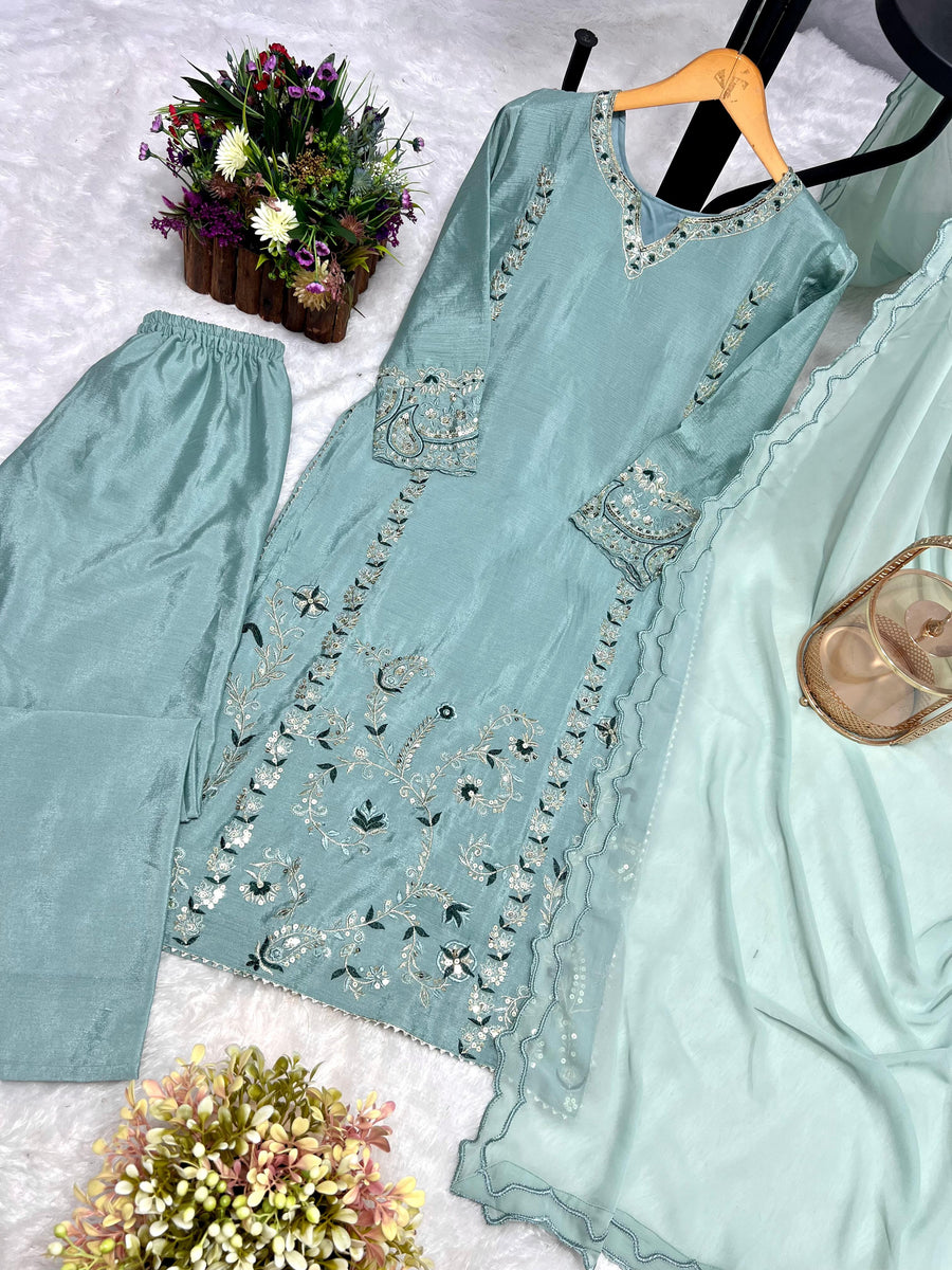 Presenting Thred And Sequence Work Teal Blue Color Salwar suit ...