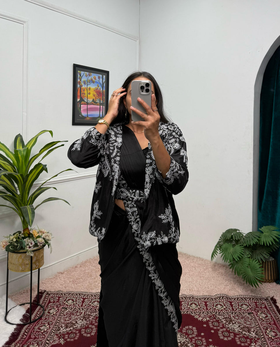 Designer Black Color Embroidery Work Saree With Koti – vastracloth