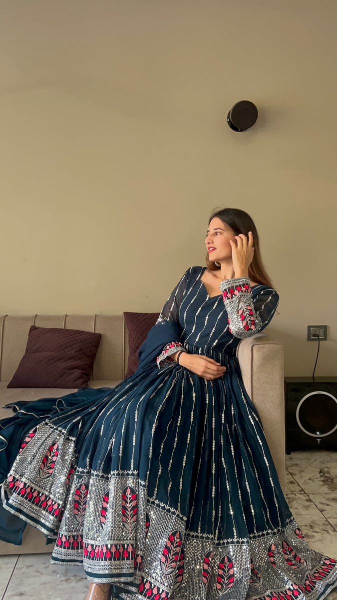 Captivating Navy Blue Color Georgette Sequence Embroidery Work Gown ...