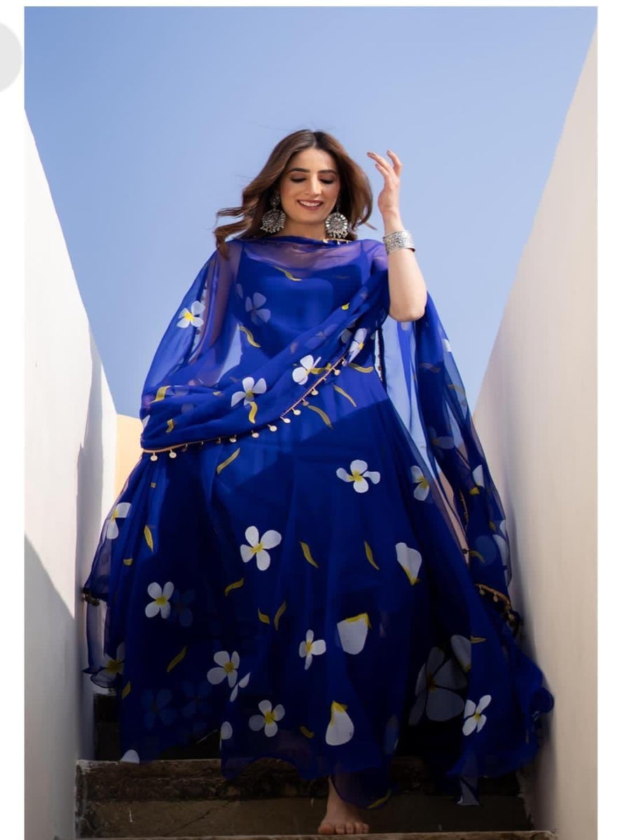 Designer Georgette Printed Blue Color Gown – vastracloth