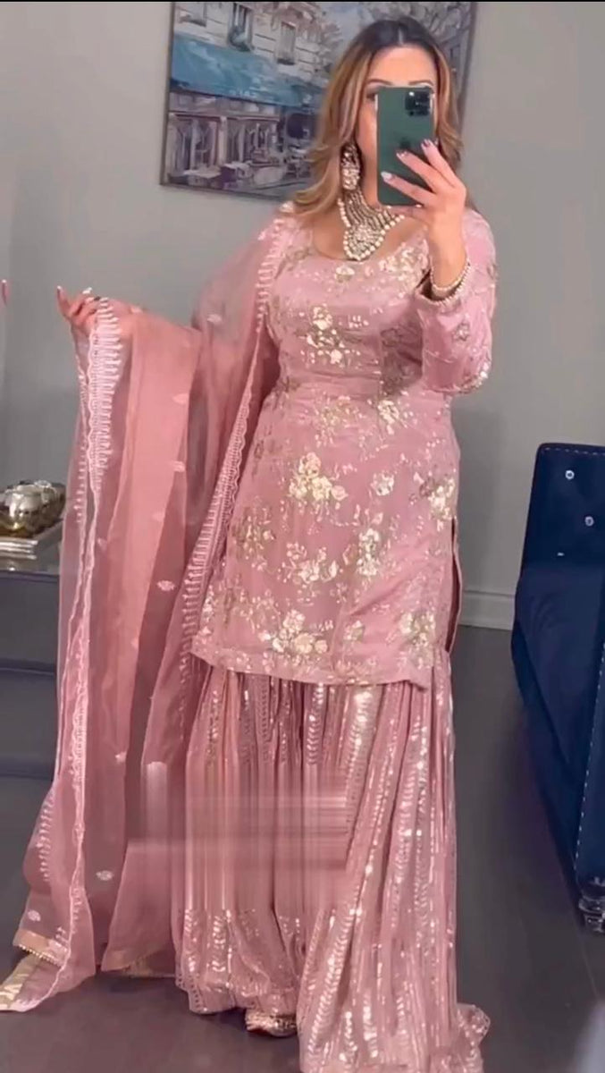 Delightful Embroidery Sequence Work Peach Color Sharara Suit – vastracloth