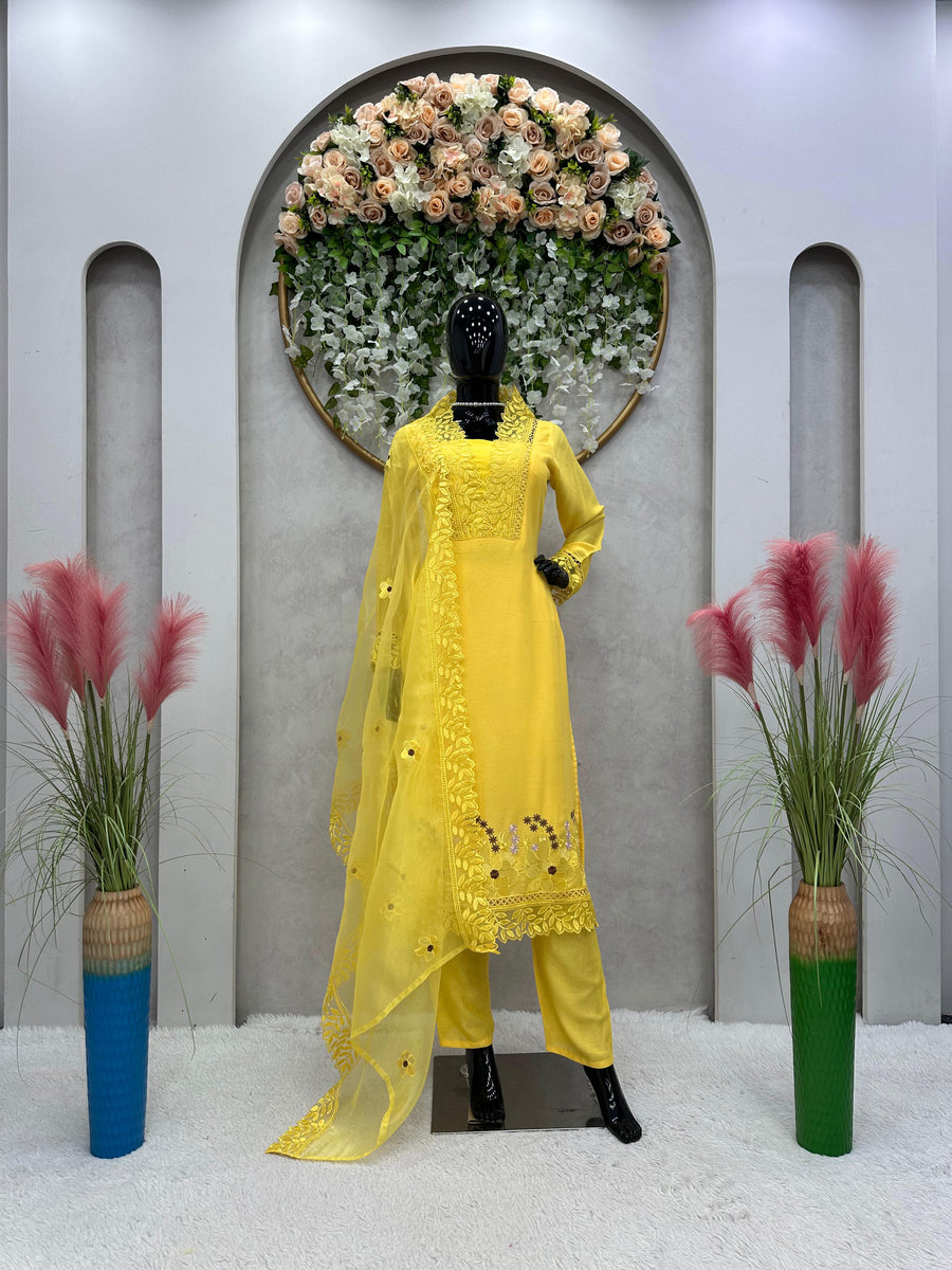 Mesmerizing Threads Work Yellow Color Anarkali Suit – vastracloth