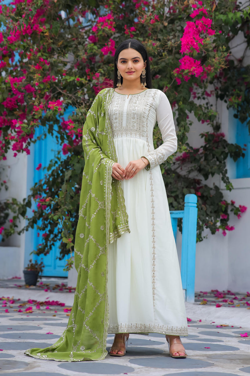 Outstanding Sequence Work White Color Gown With Green Dupatta – vastracloth