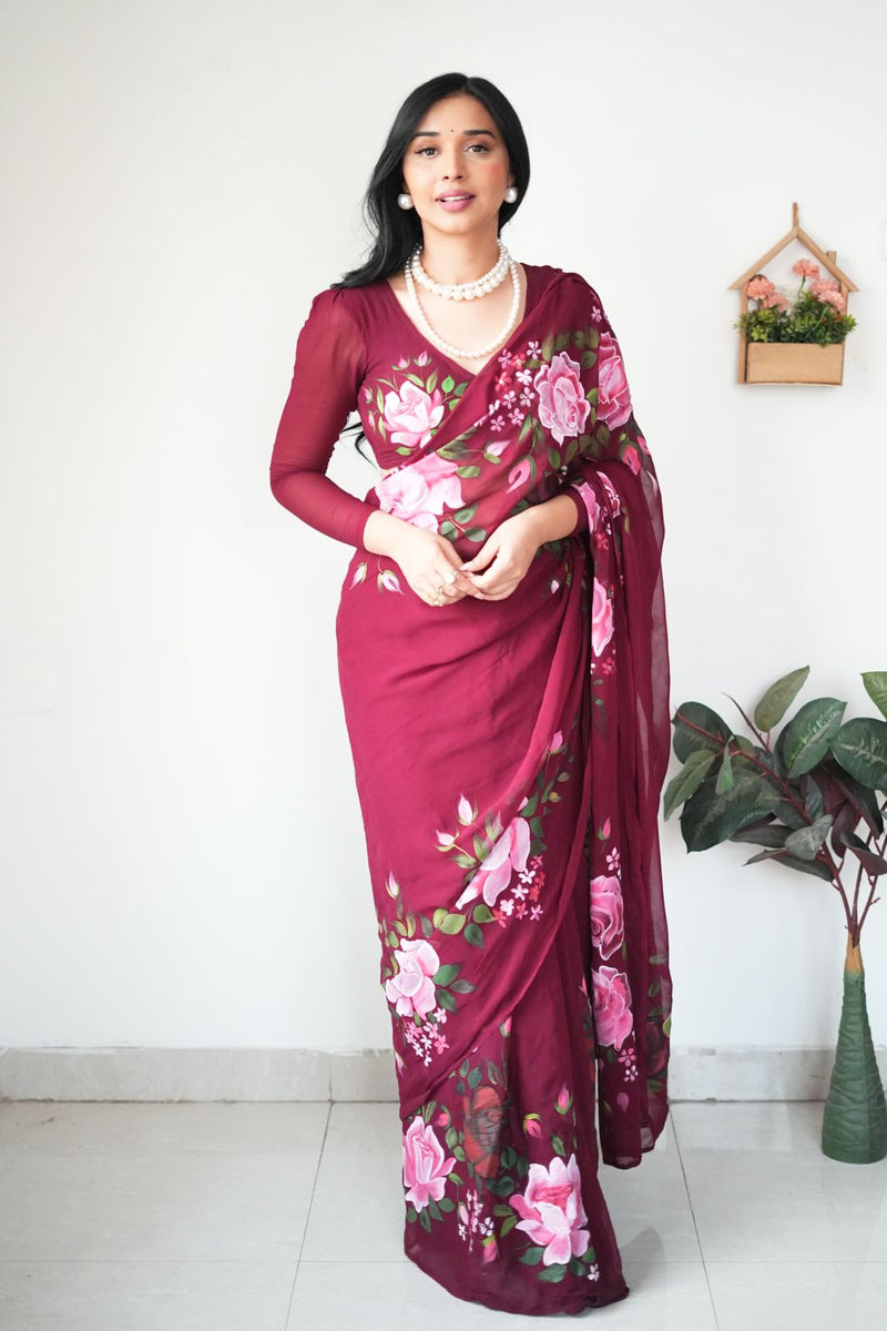Shining Maroon Color Flower Design Ready To Wear Saree – vastracloth