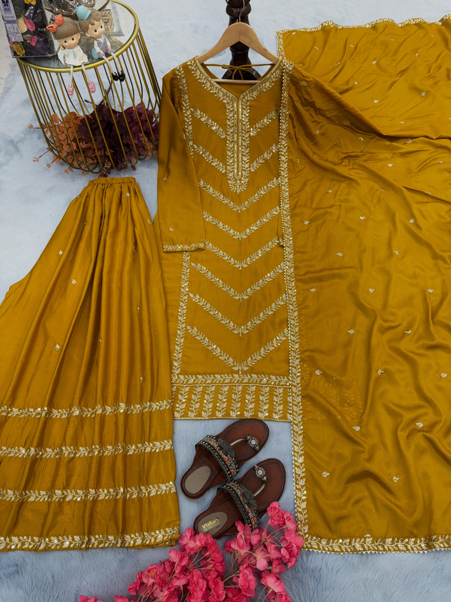 Attractive Yellow color Embroidery Sequence Work – vastracloth