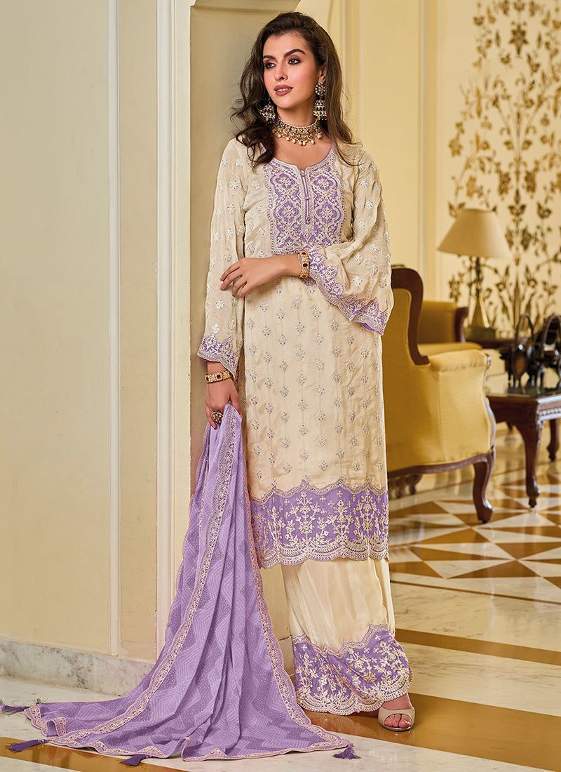 Trendy White And Purple Color Work Palazzo Suit – vastracloth