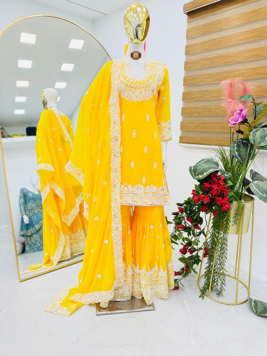 Traditional wear Work Yellow Color Sharara Suit – vastracloth