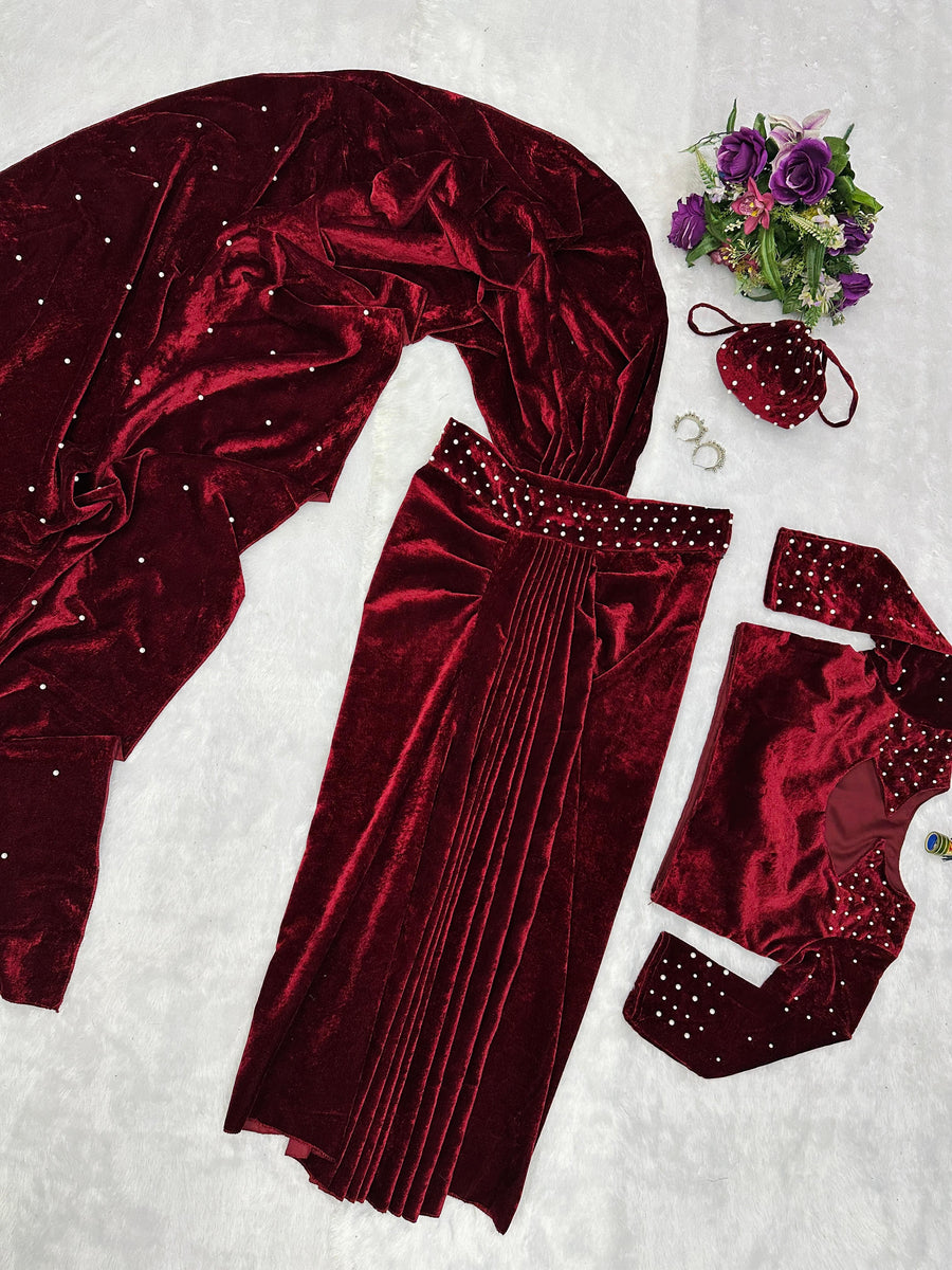 Party Wear Red Color Moti Work Lehenga Saree – vastracloth