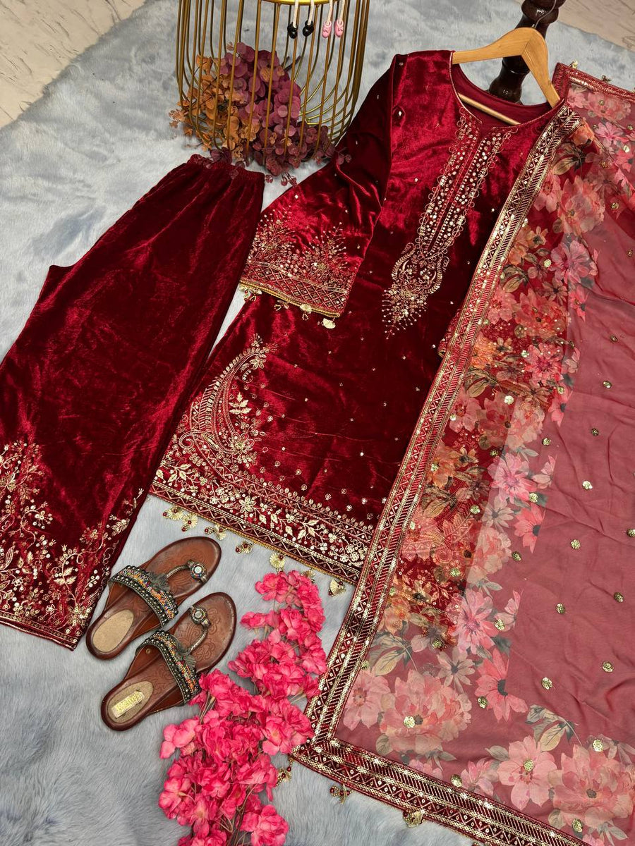 Festive Wear Velvet Red Color Sequence Work Suit – vastracloth