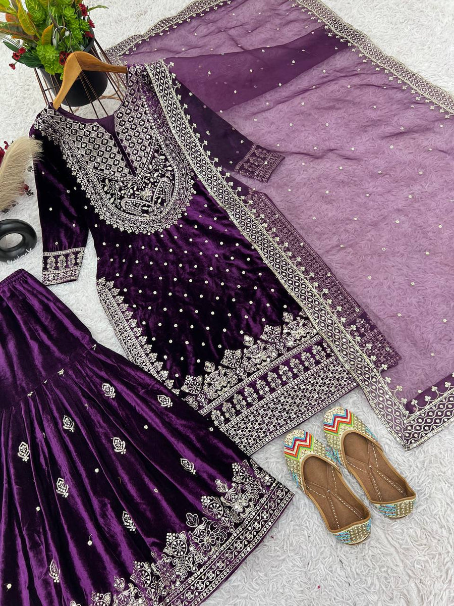 Fashionable Sequence Work Purple Color Top With Plazzo Suit – vastracloth