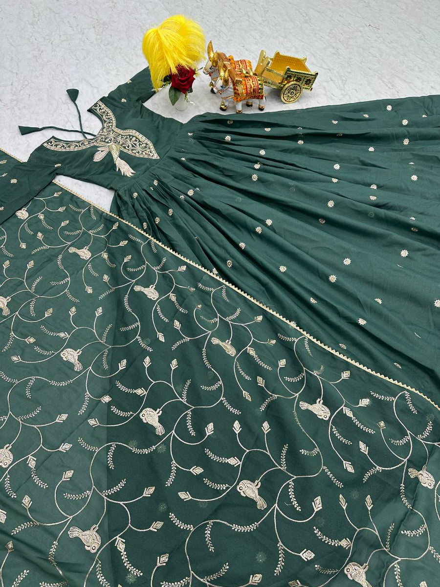 Look Designer Sequence Embroidery Work Teal Green Color Long Gown With ...