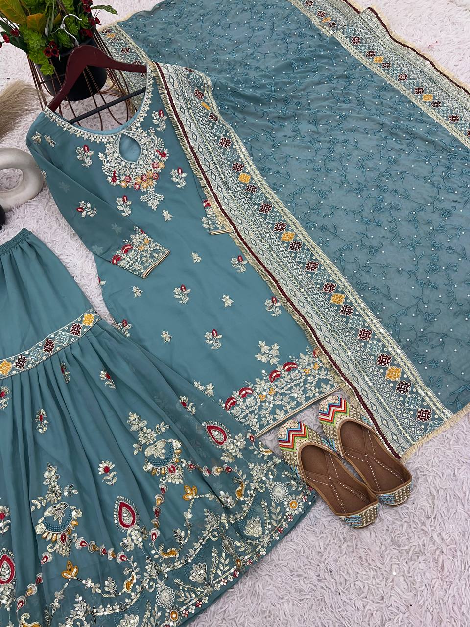 Preferable Sequence Work Teal Blue Color Top Palazzo With Dupatta ...