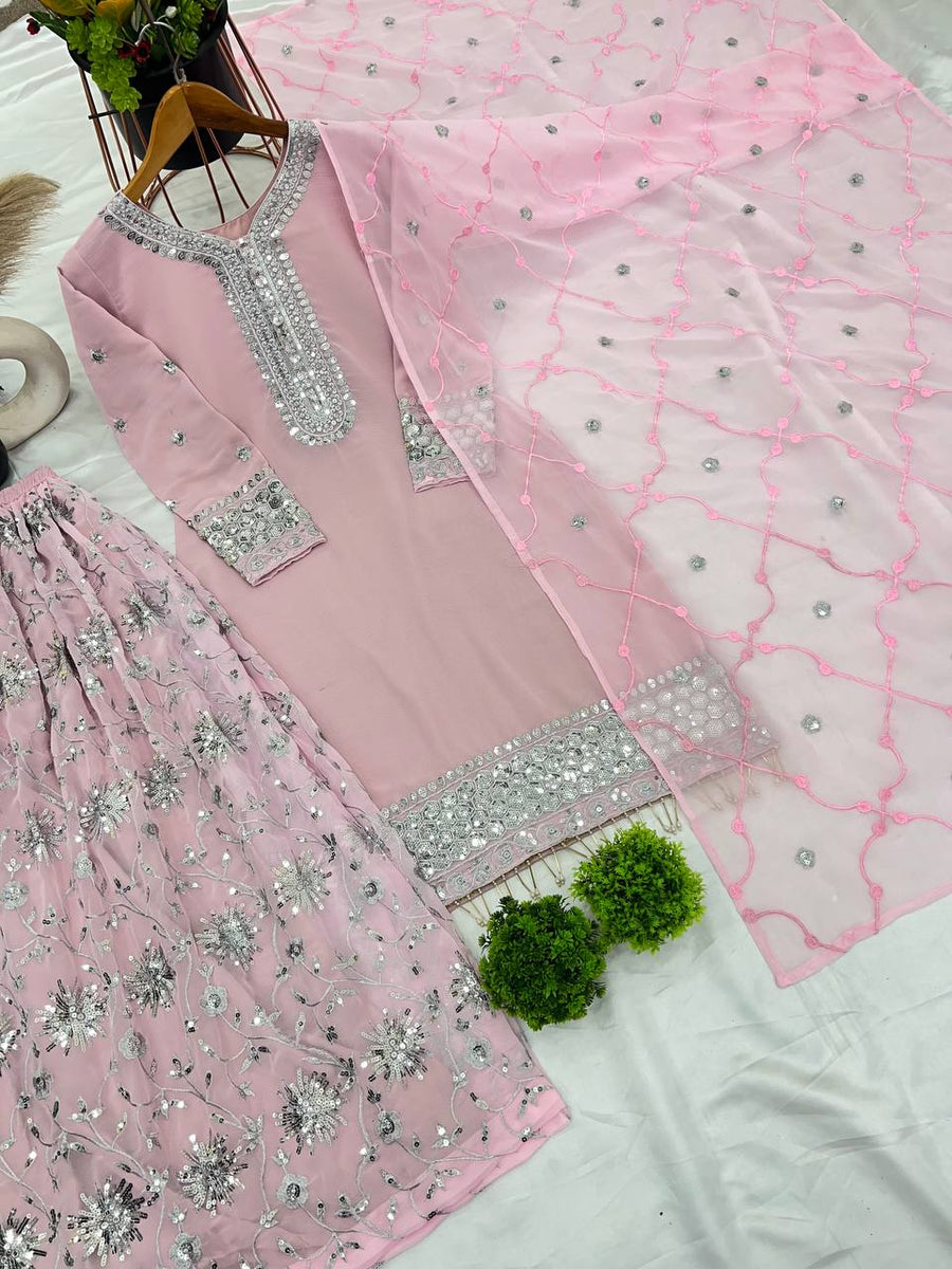 Glimmering Sequence Work Light Pink Color Top Palazzo With Dupatta Set ...