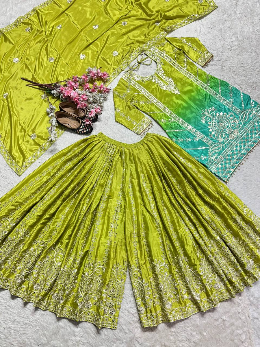 Wonderful Coding Sequence Work Green Color Sharara Suit – vastracloth