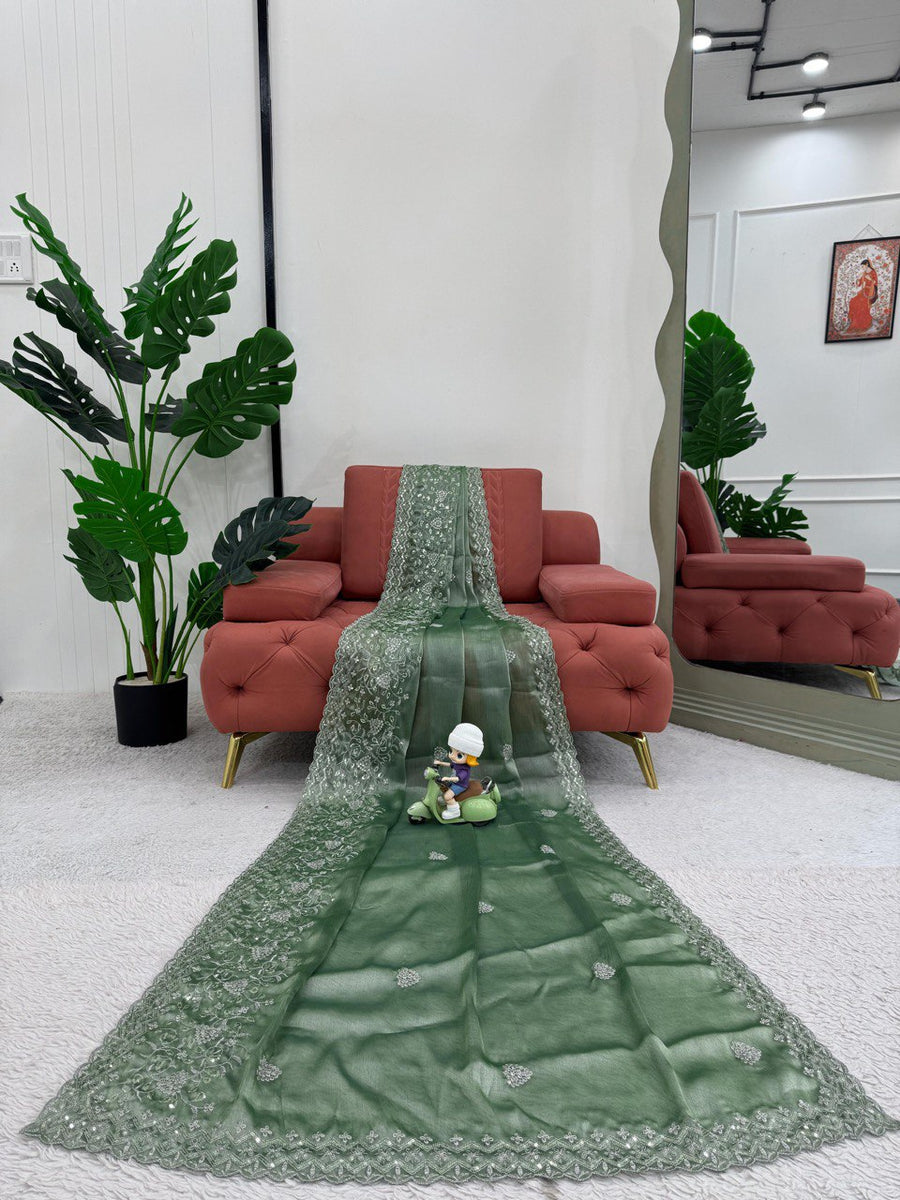 Elegant Burberry Silk Sequnce Work Perrot Green Color Saree – vastracloth