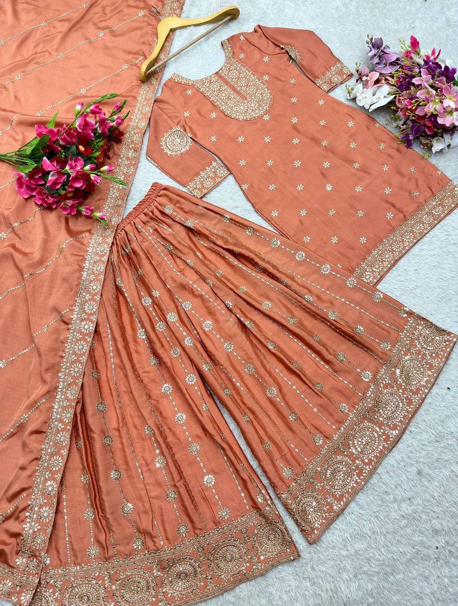 Elegant Heavy Embroidery Work Orange Color Sharara Suit – vastracloth