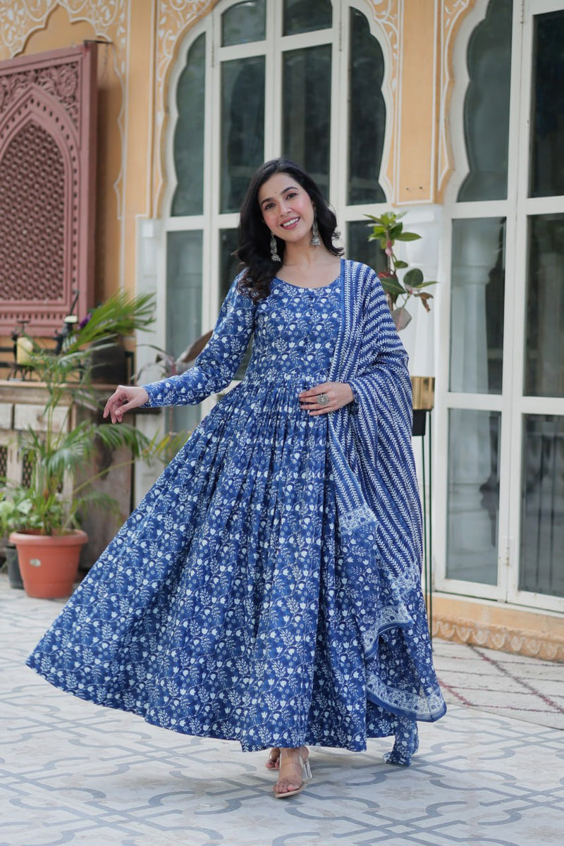 Designer Cotton Round Neck Blue Color Gown – vastracloth
