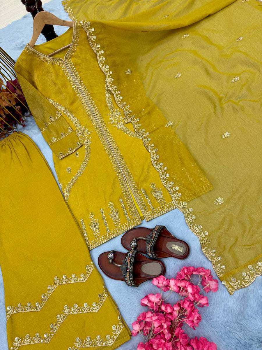 Demanding Crunchy Silk Yellow Color Haldi Wear Palazzo Suit – vastracloth