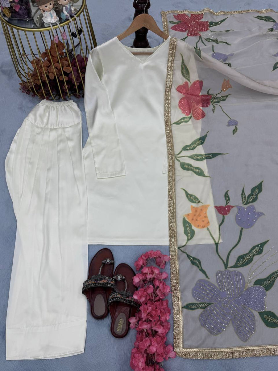 Delightful Satin Silk White Color Palazzo Suit – vastracloth