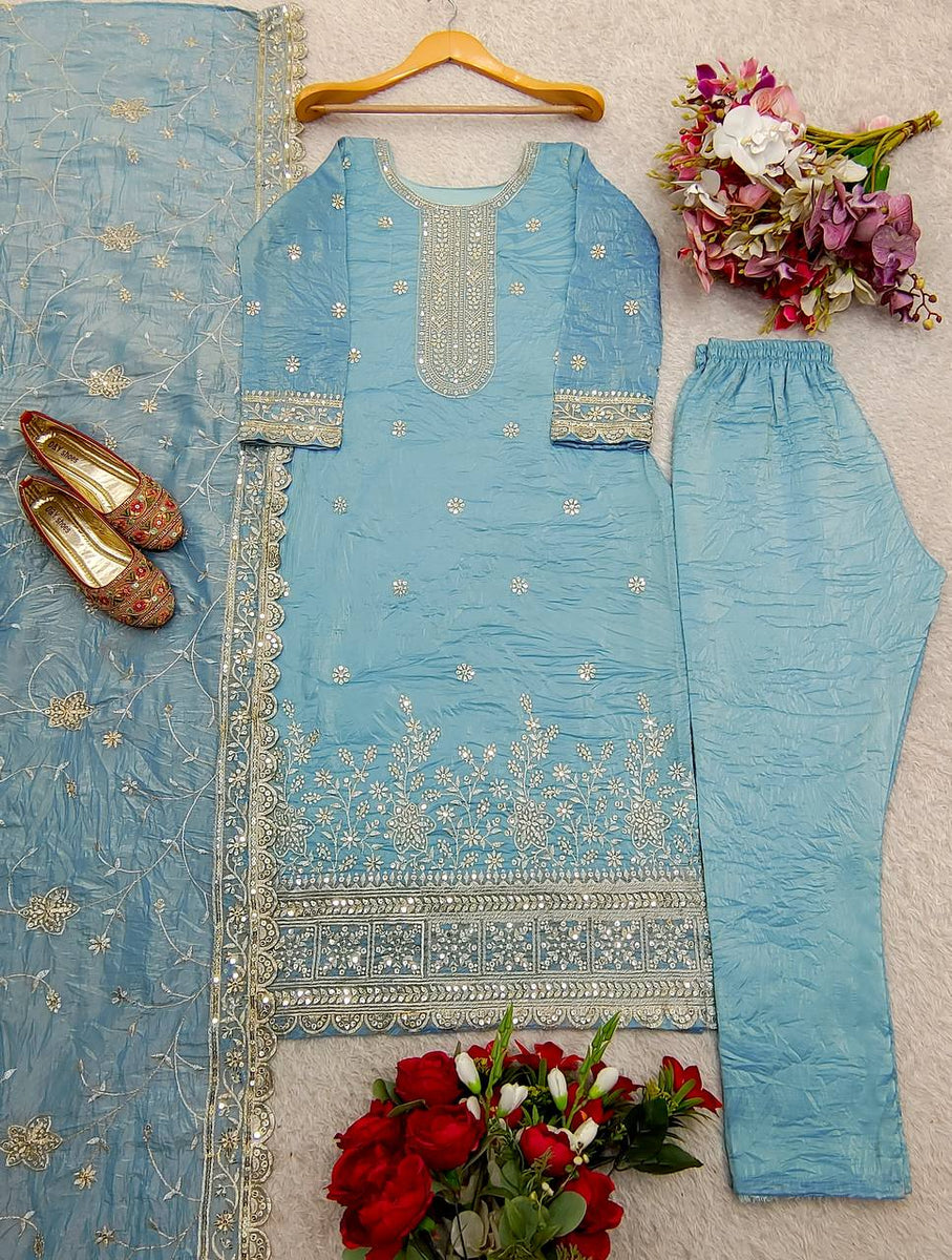 Attractive Sequence Work Sky Color Suit Set – vastracloth