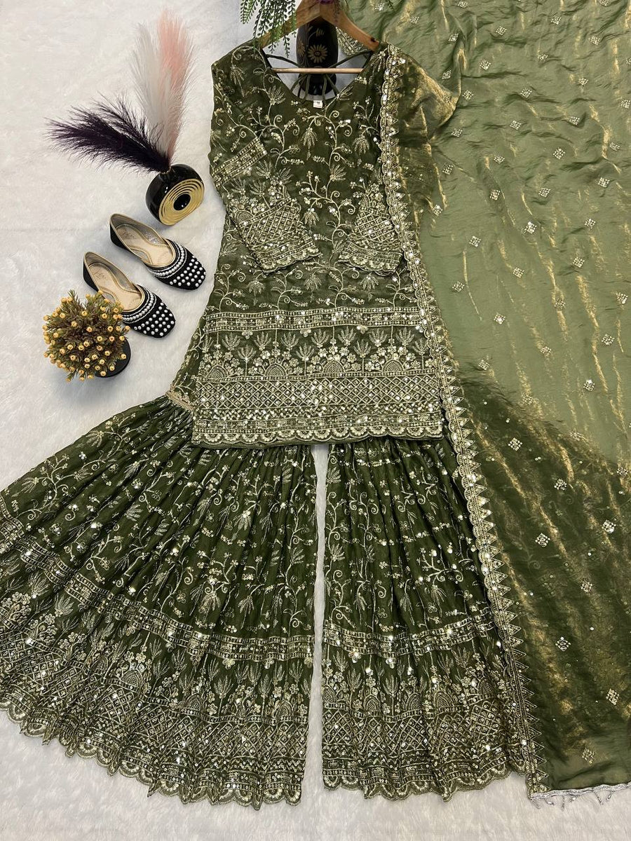Stylish Green Color Sequence Work Silk Sharara Suit – vastracloth
