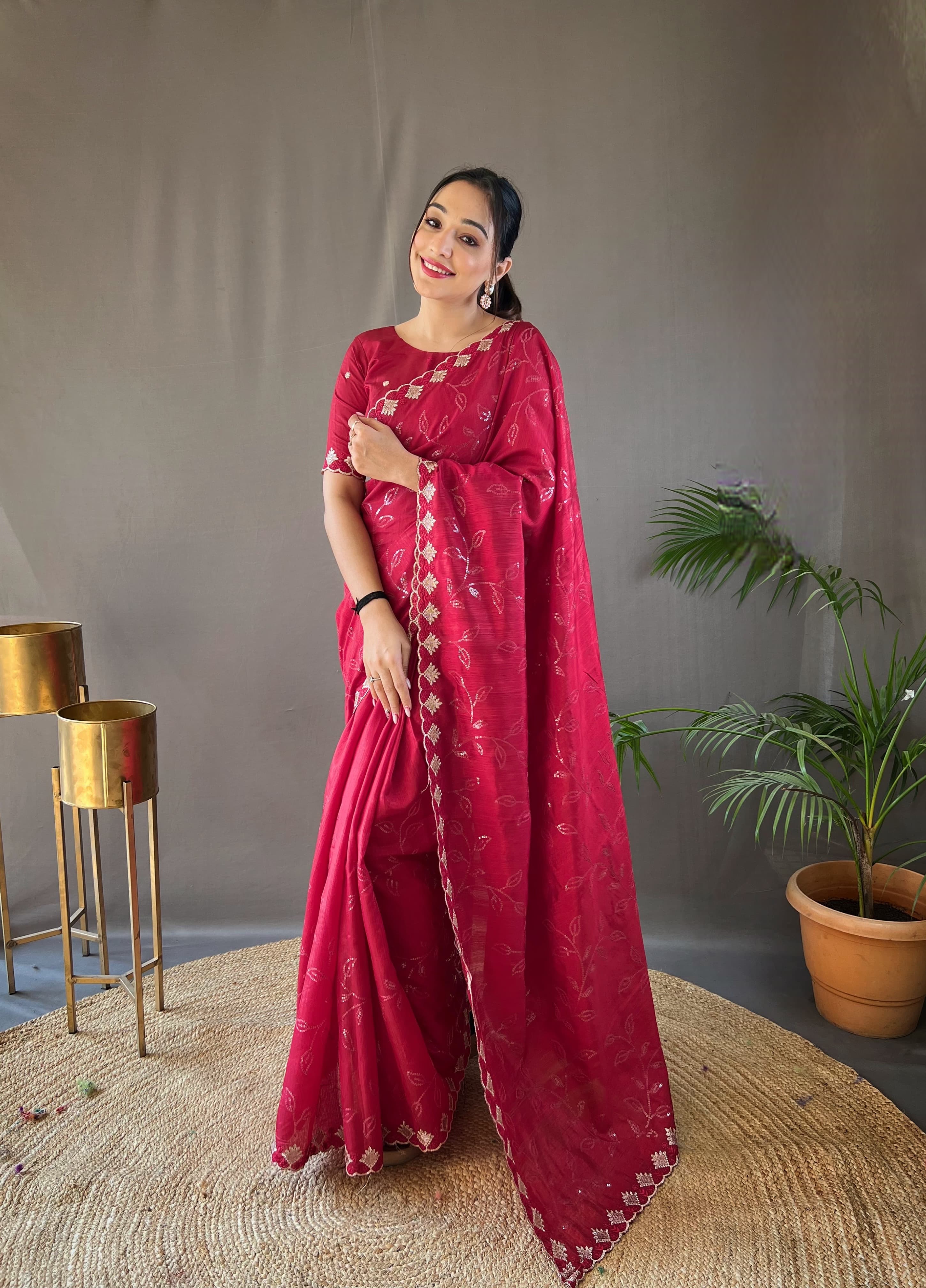 Ready To Wear Sequence With Cut Work Red Color Saree – vastracloth